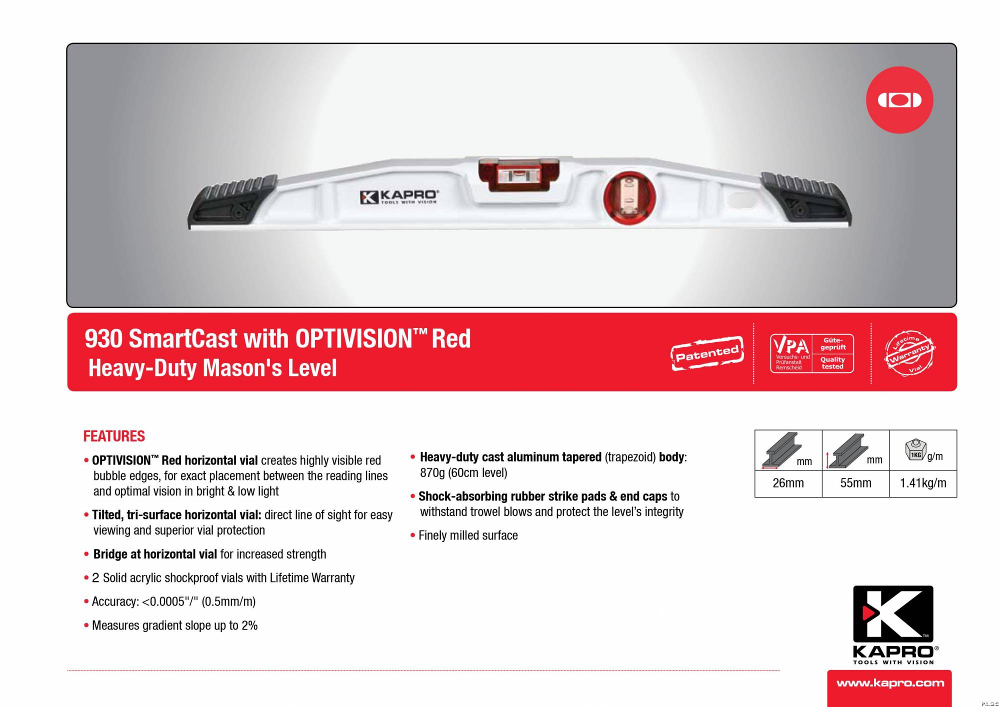 Kapro 930 SmartCast Series Professional Manson Level / Spirit Level ...