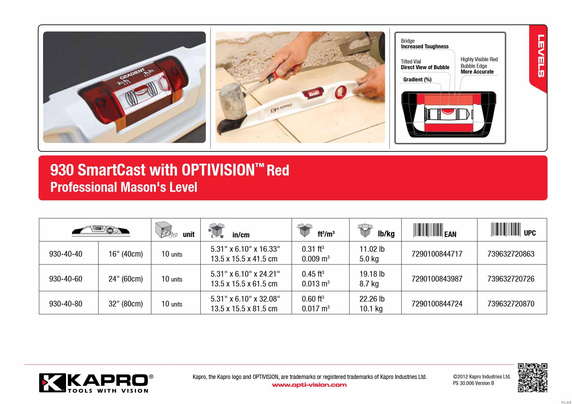 Kapro 930 SmartCast Series Professional Manson Level / Spirit Level ...